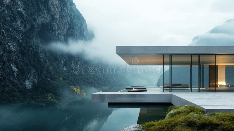 Modern Minimalist Concrete House by Mountain Lake Stock Illustration ...