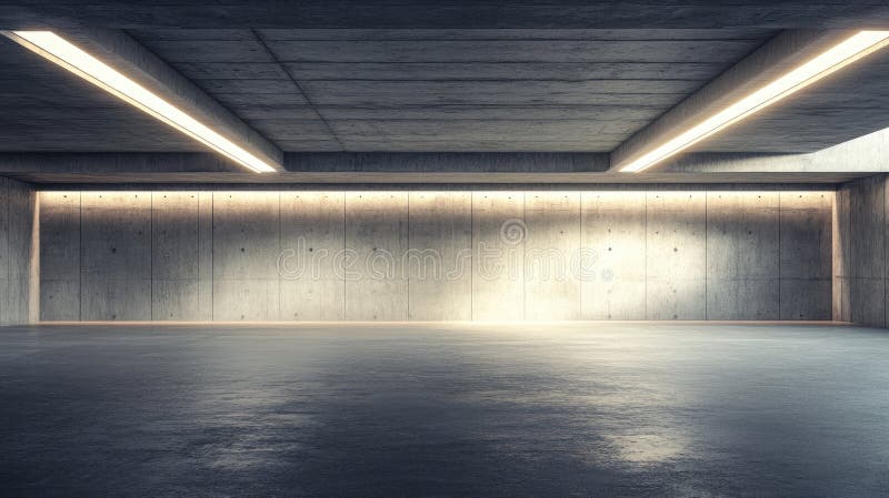 A Modern Minimalist Concrete Room with Sleek Lighting and a Spacious ...