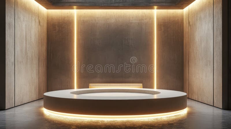 Modern Minimalist Concrete Room with Warm Golden Lighting and Circular ...