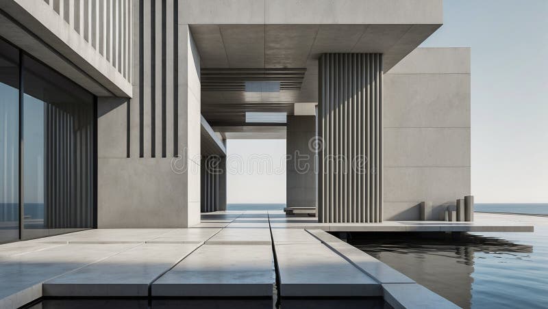 Modern Minimalist Concrete Structure by the Water Stock Illustration ...