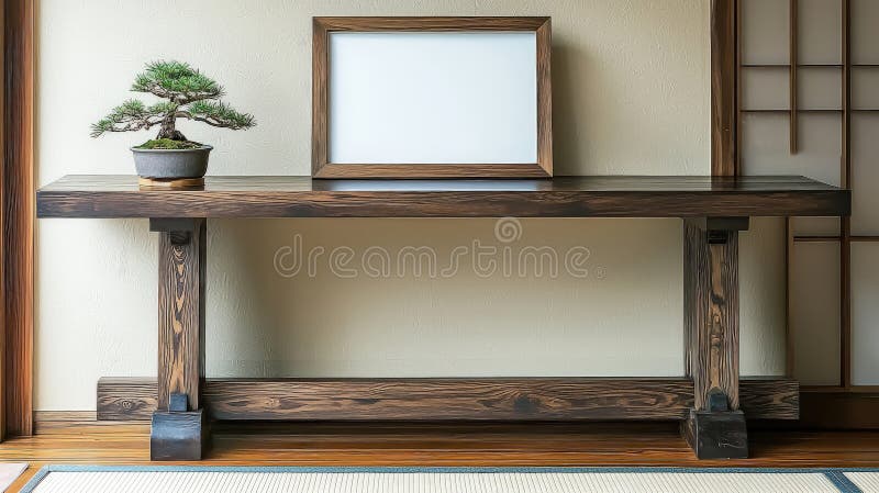 Modern Minimalist Console Table with Bonsai Tree and Frame Stock ...