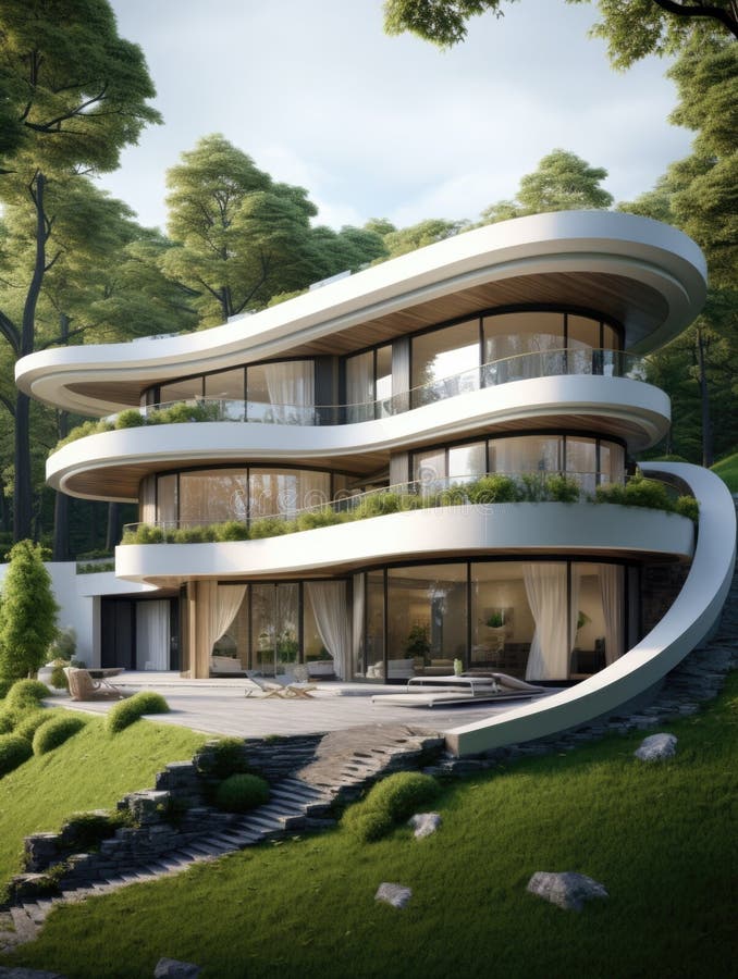 Modern Minimalist Cottage with Smooth Curved Forms. Villa with Balcony ...