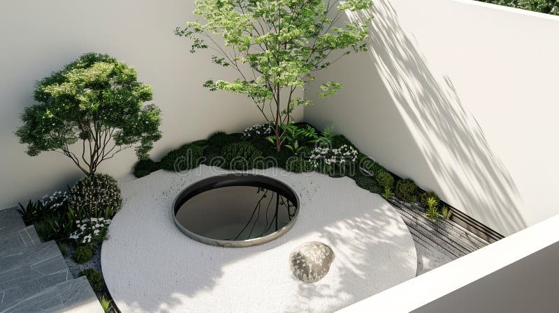 Modern Minimalist Courtyard with Circular Skylight and Lush Greenery ...