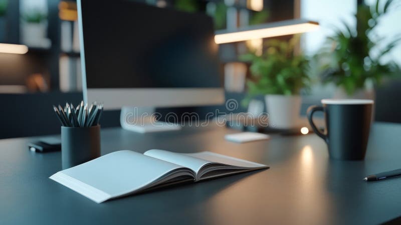 Modern Minimalist Dark Office Workspace with Notebook and Plants Stock ...