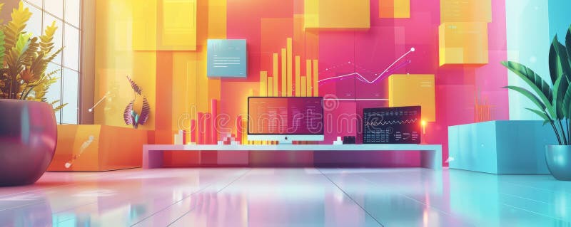 Modern Minimalist Designer Workspace with Colorful Charts and Graphs ...