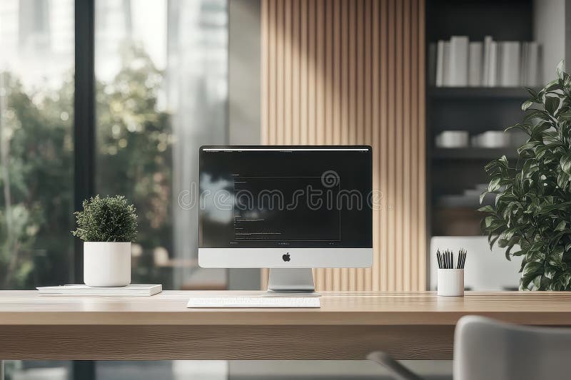 Modern Minimalist Desk Setup with a Computer, Plants, and a Wooden Desk ...