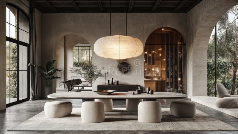 Modern Minimalist Dining Room with Stone Table and Organic Forms Stock ...