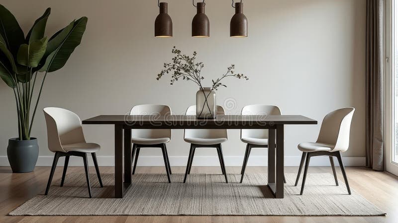Modern Minimalist Dining Room with Wooden Table and White Chairs Stock ...