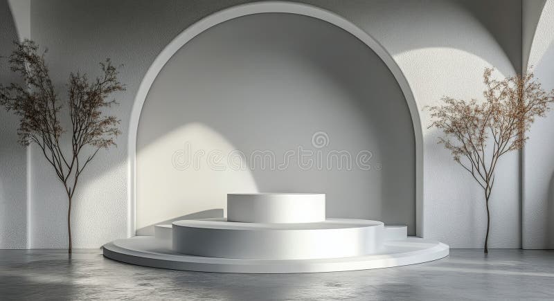 Modern Minimalist Display Area with Circular Podium and Natural Light ...