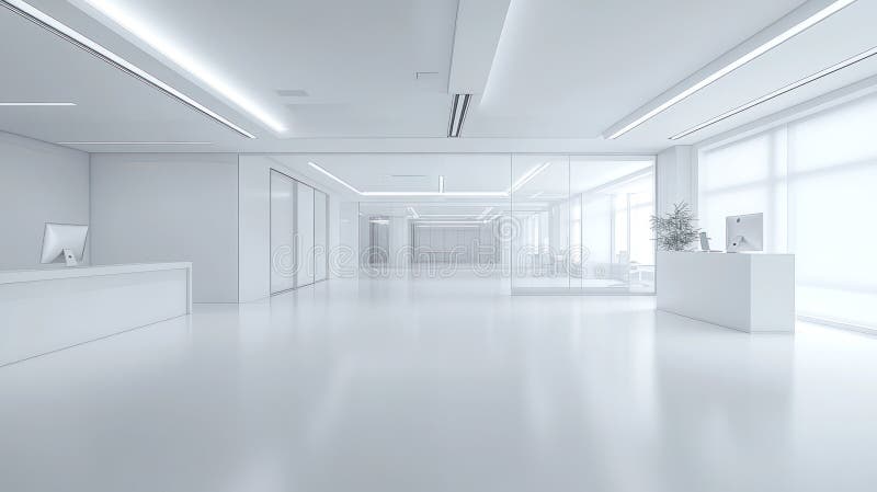 Modern, Minimalist, Empty Office Hallway with Reception Desk, Glass ...