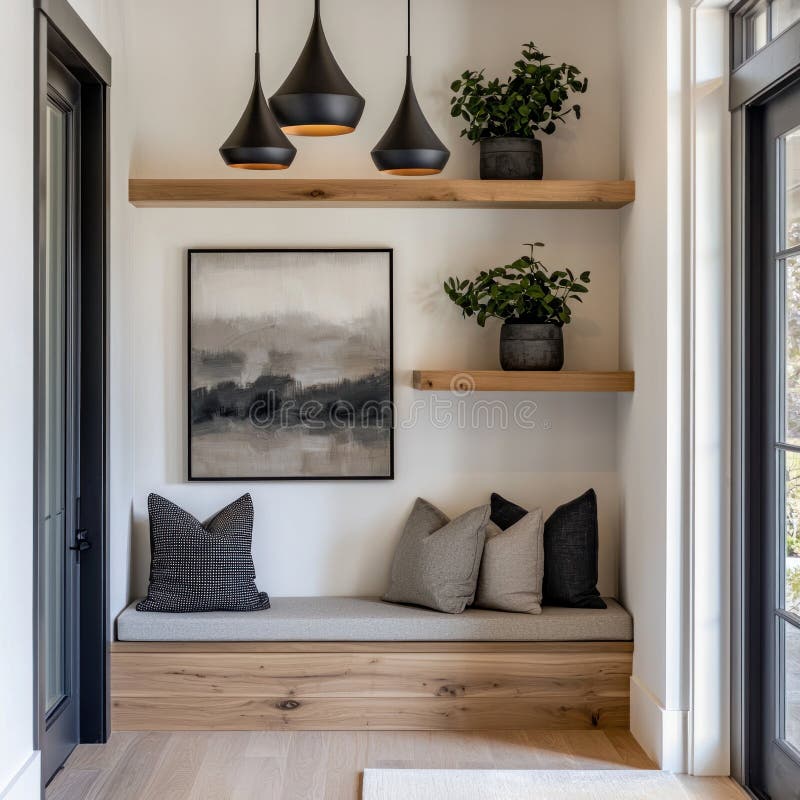 Modern Minimalist Entryway Design with a Built in Bench Floating ...