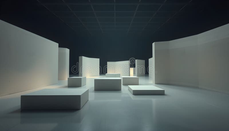 Modern Minimalist Gallery Interior with White Cubic Displays and Soft ...