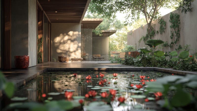 Modern Minimalist Garden Design with Red Flowers and Pond Stock ...