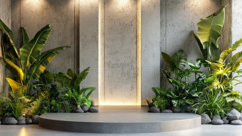 Modern Minimalist Greenery Display with Concrete Wall and Spotlights ...
