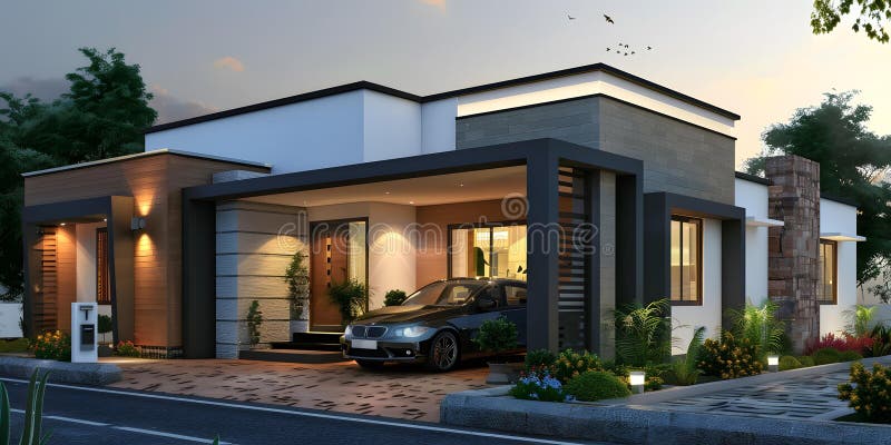 Modern Minimalist Home Design with Car and Front Yard Generated Using ...