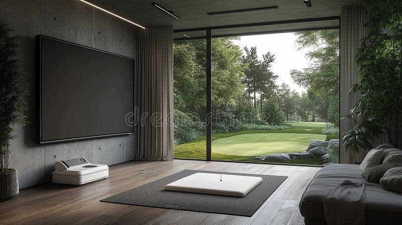 Modern Minimalist Home Golf Simulator Featuring a Scenic Golf Course ...