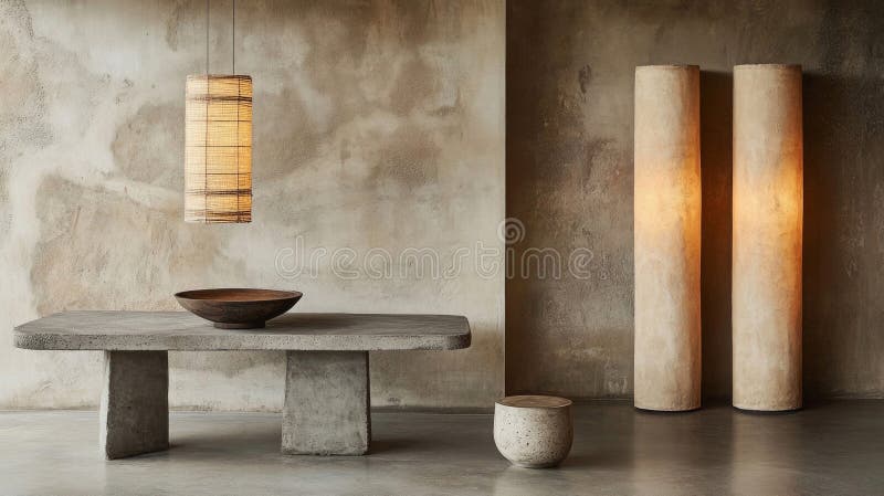 Modern Minimalist Home Interior Design with Concrete Table and Cork ...