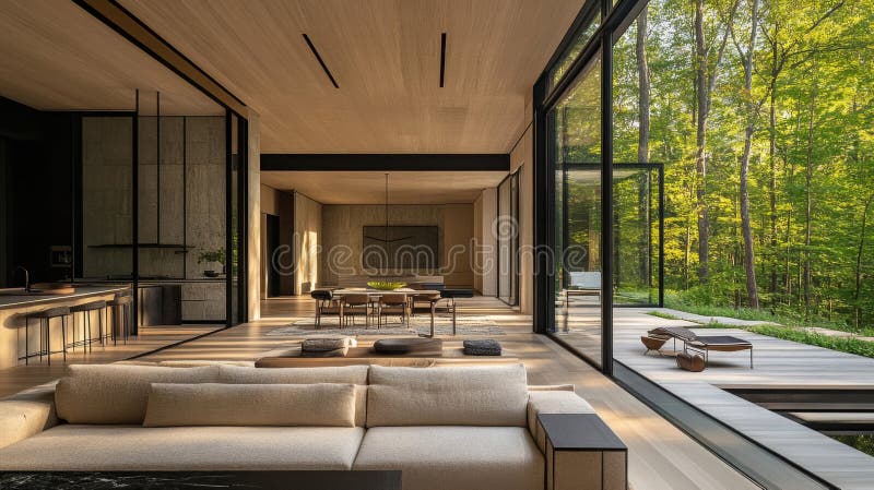 Modern Minimalist Home Interior with Natural Light and Forest Views ...