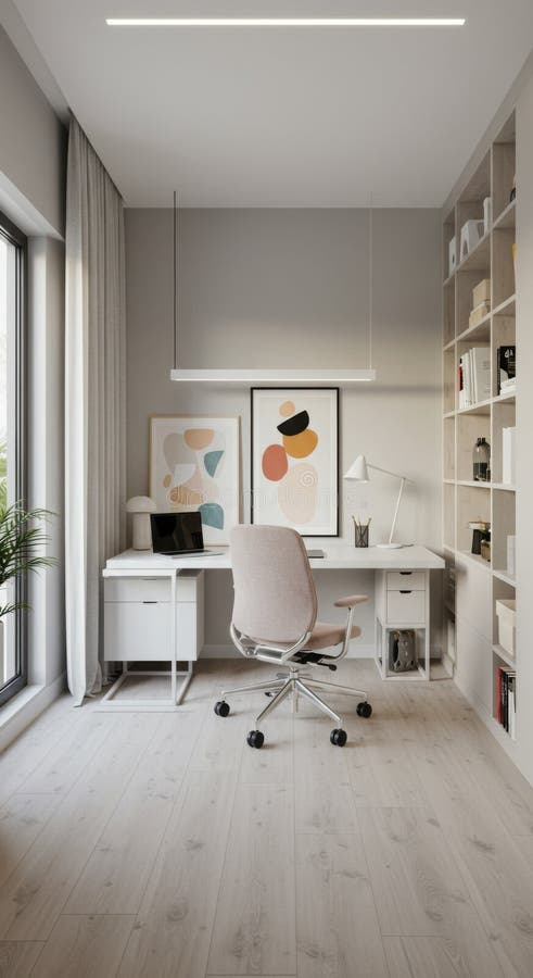 Modern Minimalist Home Office with Beige Walls and Neutral Decor Stock ...