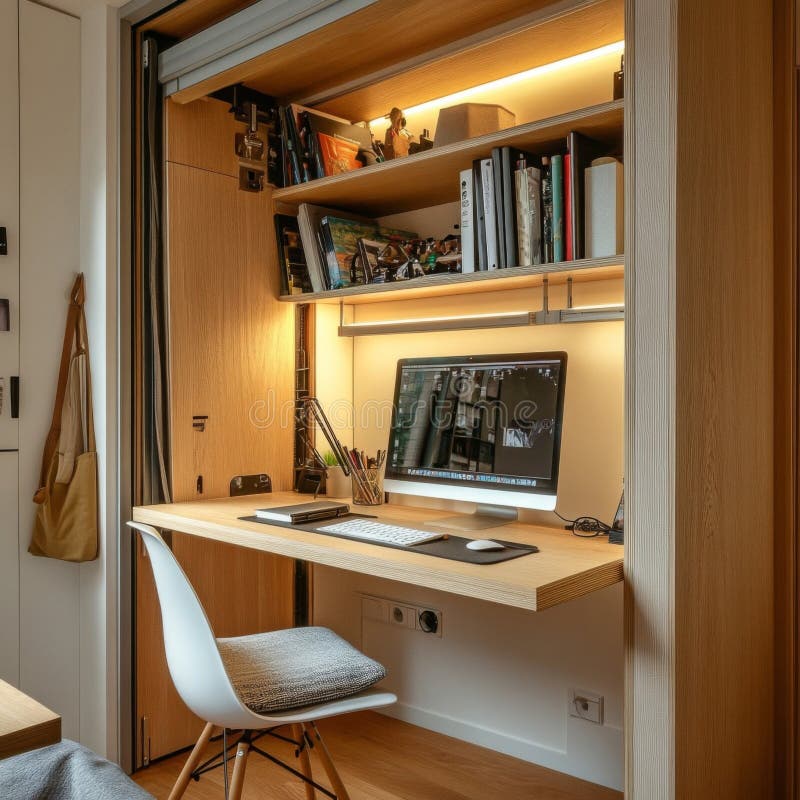 Modern Minimalist Home Office with Built-in Desk and Shelving Stock ...