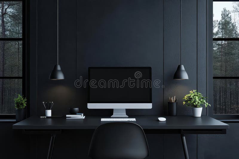 Modern Minimalist Home Office Design with Black Desk, Computer, and ...