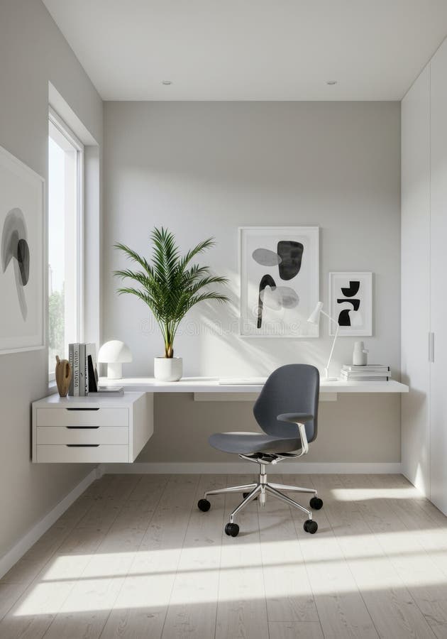 Modern Minimalist Home Office with Grey Chair and White Desk Stock ...