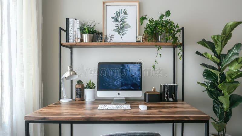Modern Home Office Desk Setup with Plants and Minimalist Decor Stock ...