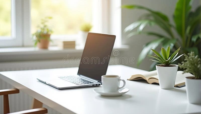 A Modern Minimalist Home Office Setup with a Laptop Notebook and Coffee ...