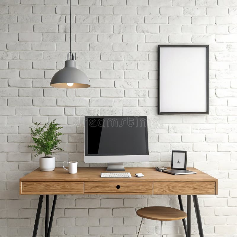 Modern Minimalist Home Office Setup Wooden Desk, Brick Wall, Computer ...
