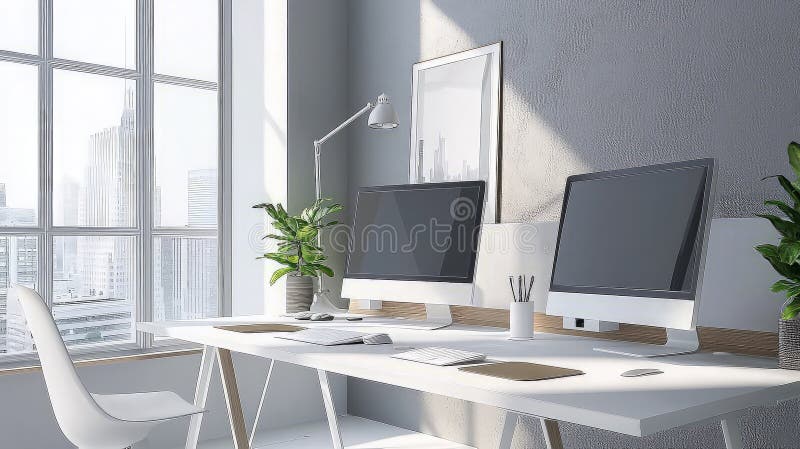 Modern Minimalist Home Office with Two Computers, Plants, and City View ...