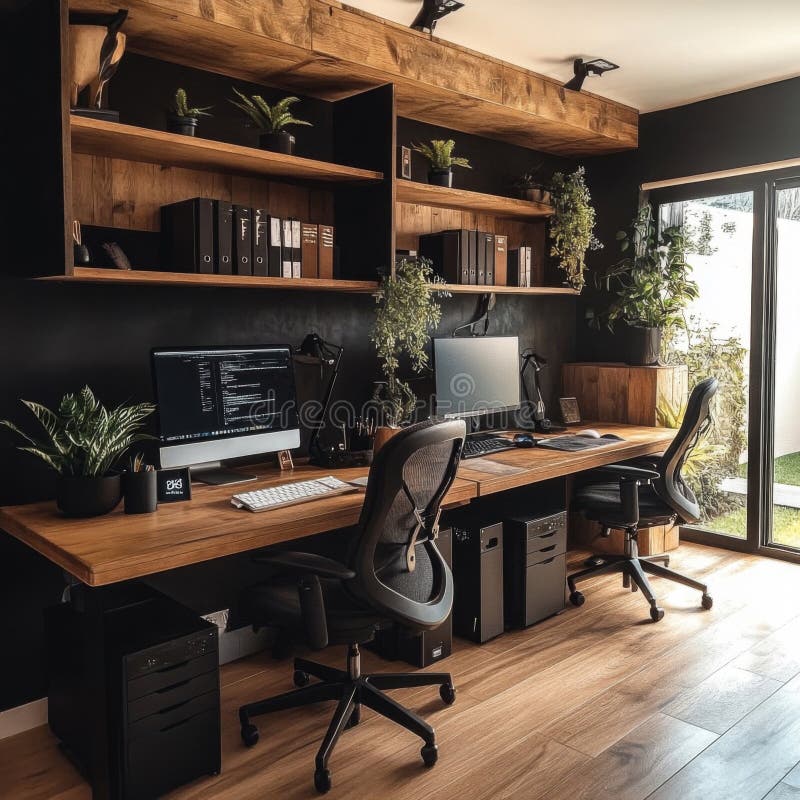 Modern Minimalist Home Office with Two Workstations and Wooden Shelves ...