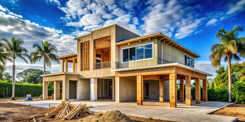Modern Minimalist Home Under Construction in Southwest Florida Concrete Shell and Lumber Stacks ...