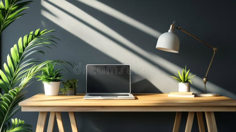 Modern Minimalist Home Workspace with Laptop and Plants Stock ...