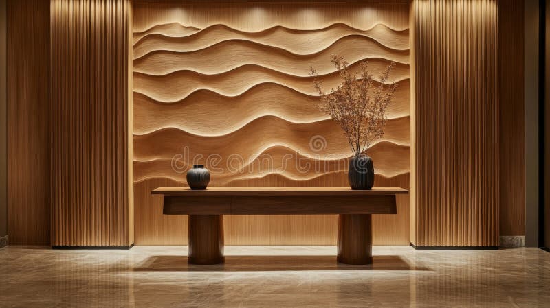 Modern Minimalist Hotel Lobby Interior with Wooden Wave Wall Stock ...