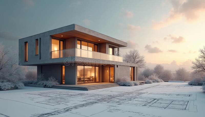 Modern Minimalist House Design on Blueprint in Winter Landscape ...