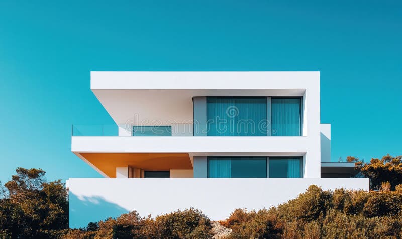 136 Modern Minimalist House Design Large Windows Clear Blue Sky Stock ...