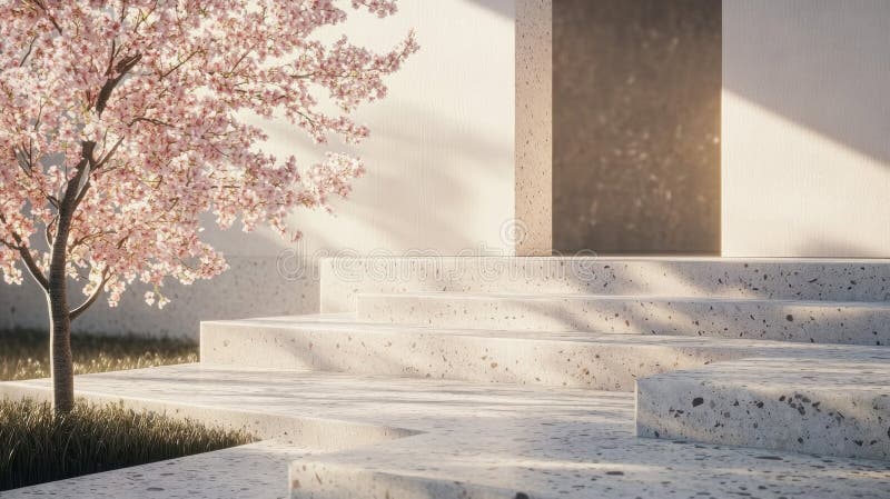 Modern Minimalist House Exterior with Pink Blossom Tree and Terrazzo ...
