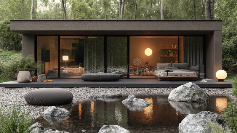 Modern Minimalist House in Forest Setting with Stone and Glass Exterior ...