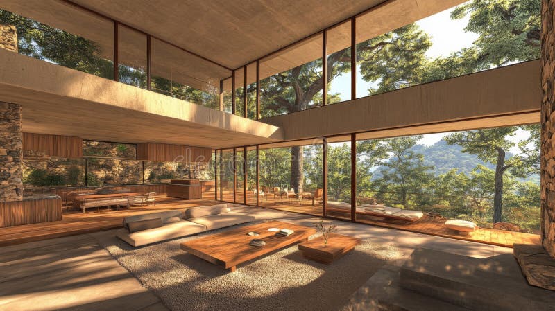 Modern Minimalist House Interior Design with Forest View Stock ...