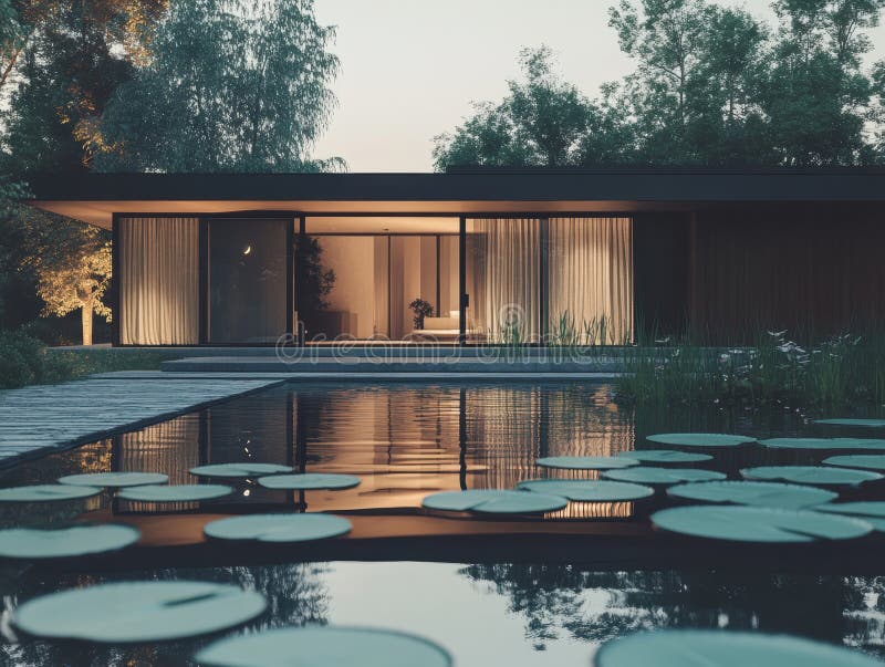 Modern Minimalist House with Large Windows by Water Stock Illustration ...