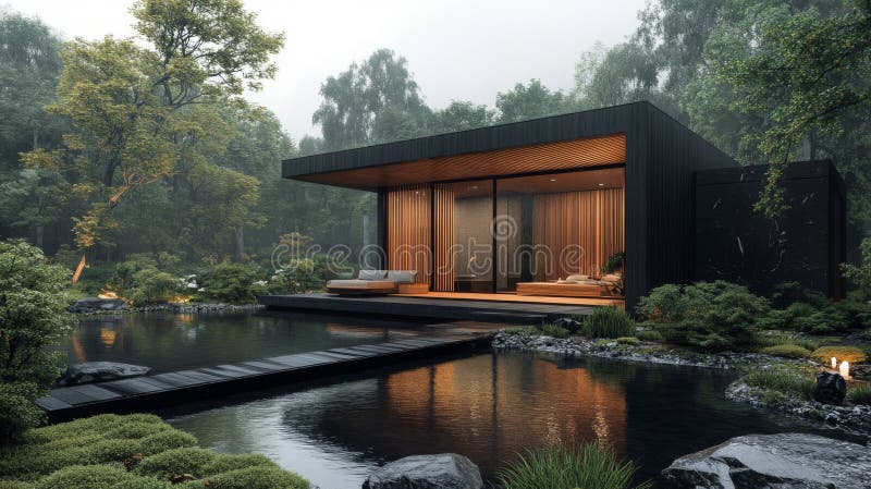 Modern Minimalist House in a Misty Forest Setting Stock Illustration ...