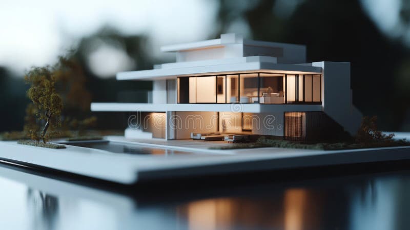 Modern Minimalist House Model with Pool at Night Stock Illustration ...