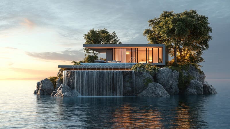 Modern Minimalist House on Ocean Cliff with Waterfall at Sunset Stock ...