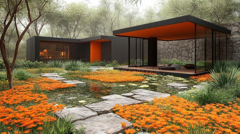Modern Minimalist House with Orange Flower Garden and Stone Pathway ...