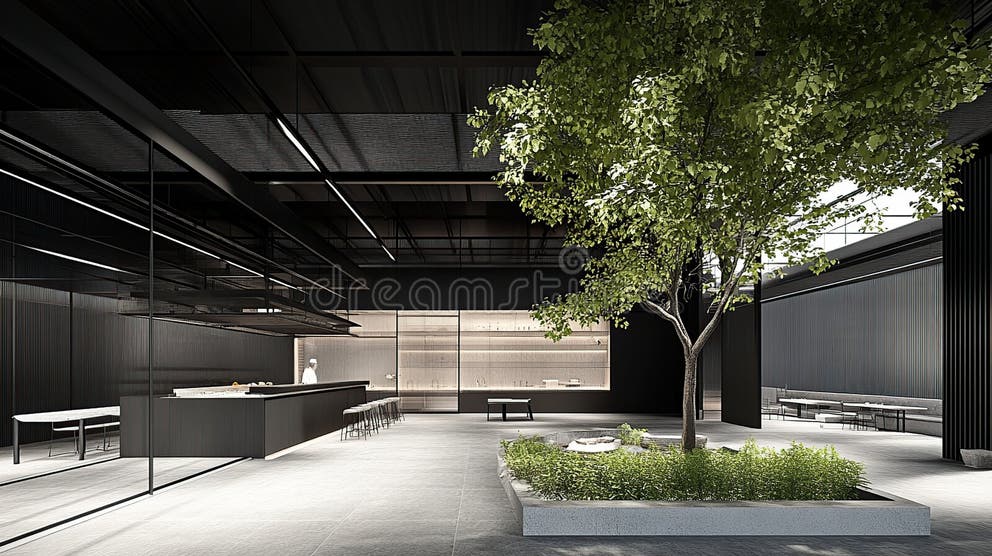 Modern Minimalist Indoor Courtyard Kitchen Design Stock Photo - Image ...