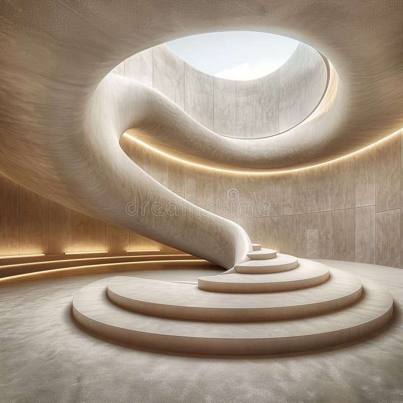 Modern Minimalist Interior with Abstract Spiral Staircase, Curved Walls ...