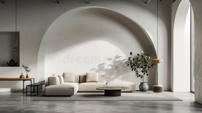 Modern Minimalist Interior with Arch, Concrete Floor, Sofa. Generative ...