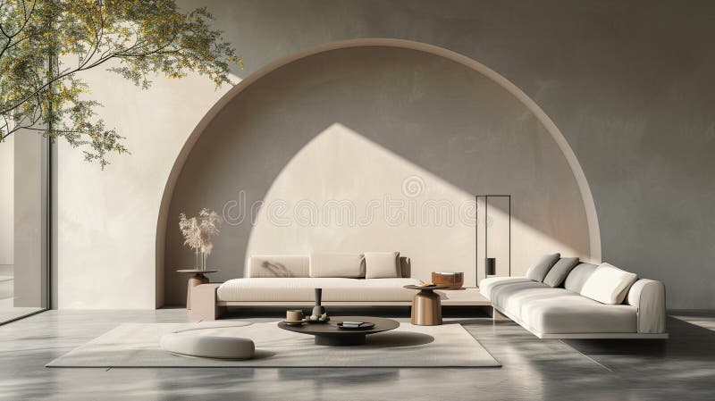Modern Minimalist Interior with Arch, Concrete Floor, Sofa. Generative ...