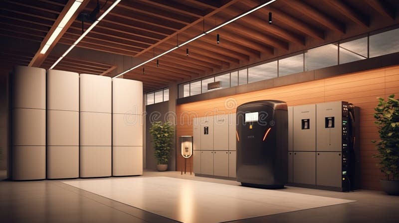 Modern, Minimalist Interior of a Battery Storage Facility with Rows of ...