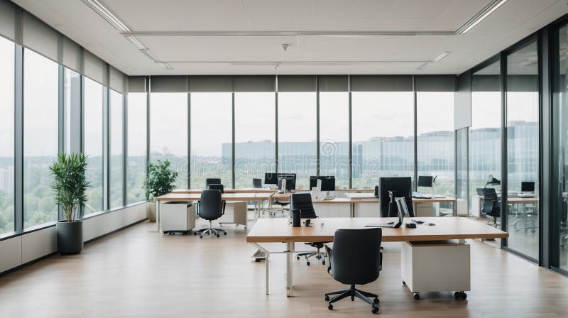 Modern Minimalist Interior. Bright Office, Large Panoramic Windows. Tables with Computers ...